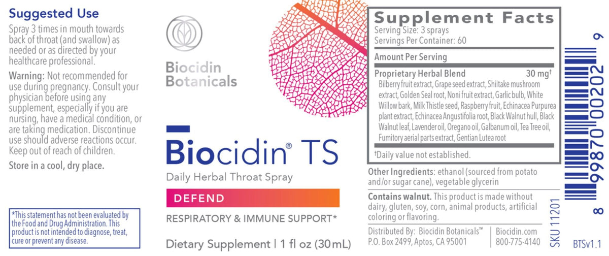 Biocidin® TS | Daily Herbal Throat Spray | Defend - 1 fl oz (30 mL)